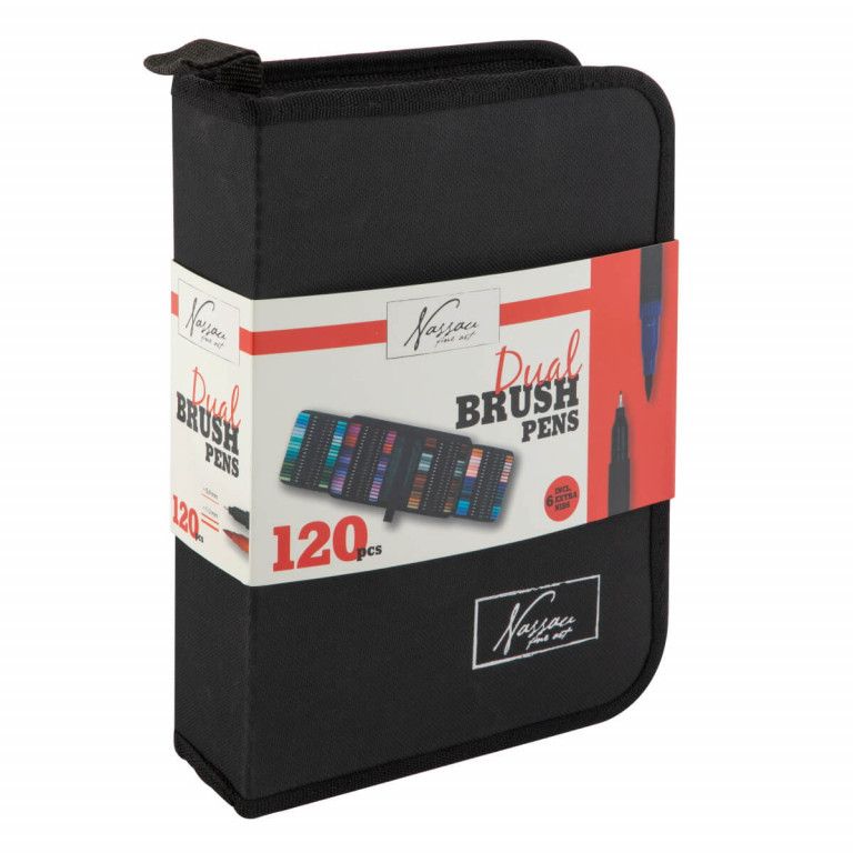 Set 120 markere Nassau Fine Art cu 2 capete tip liner si pensula in ...