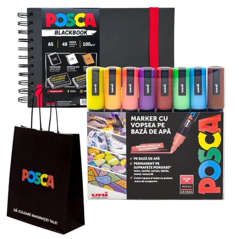 Set Posca 8 markere cu sketchbook si punga cadou | Contrastmarket